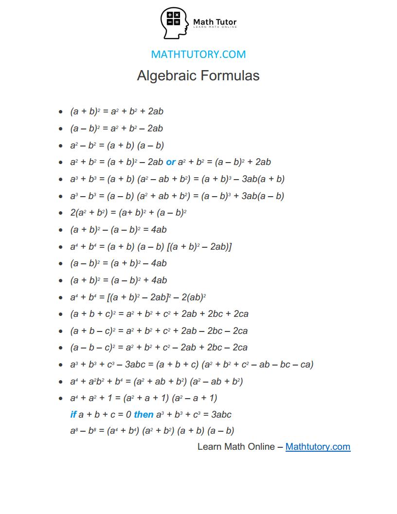 Algebra Formulas Learn With Examples Math Tutor Algebra Formulas Learn With Examples Math Tutor